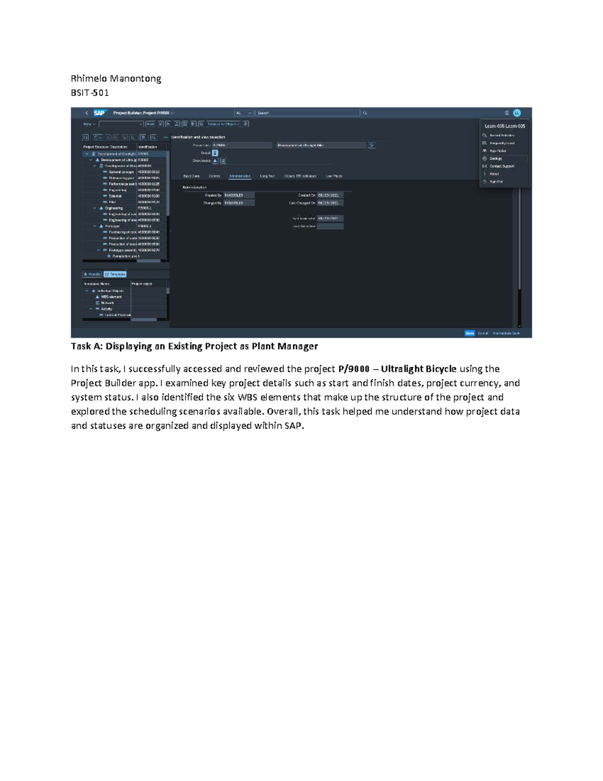 Rhimelo Manontong Task A & B: Project Management in SAP (Adsia 4) - Studocu