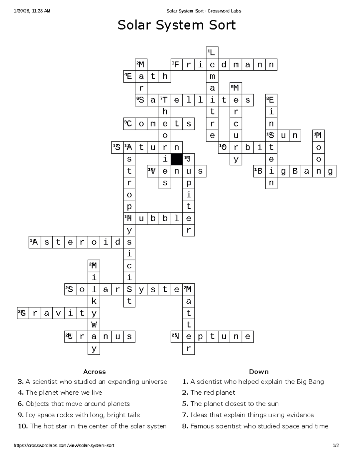 Solar System Sort Crossword Labs Answer Key (L 2 3) - Studocu