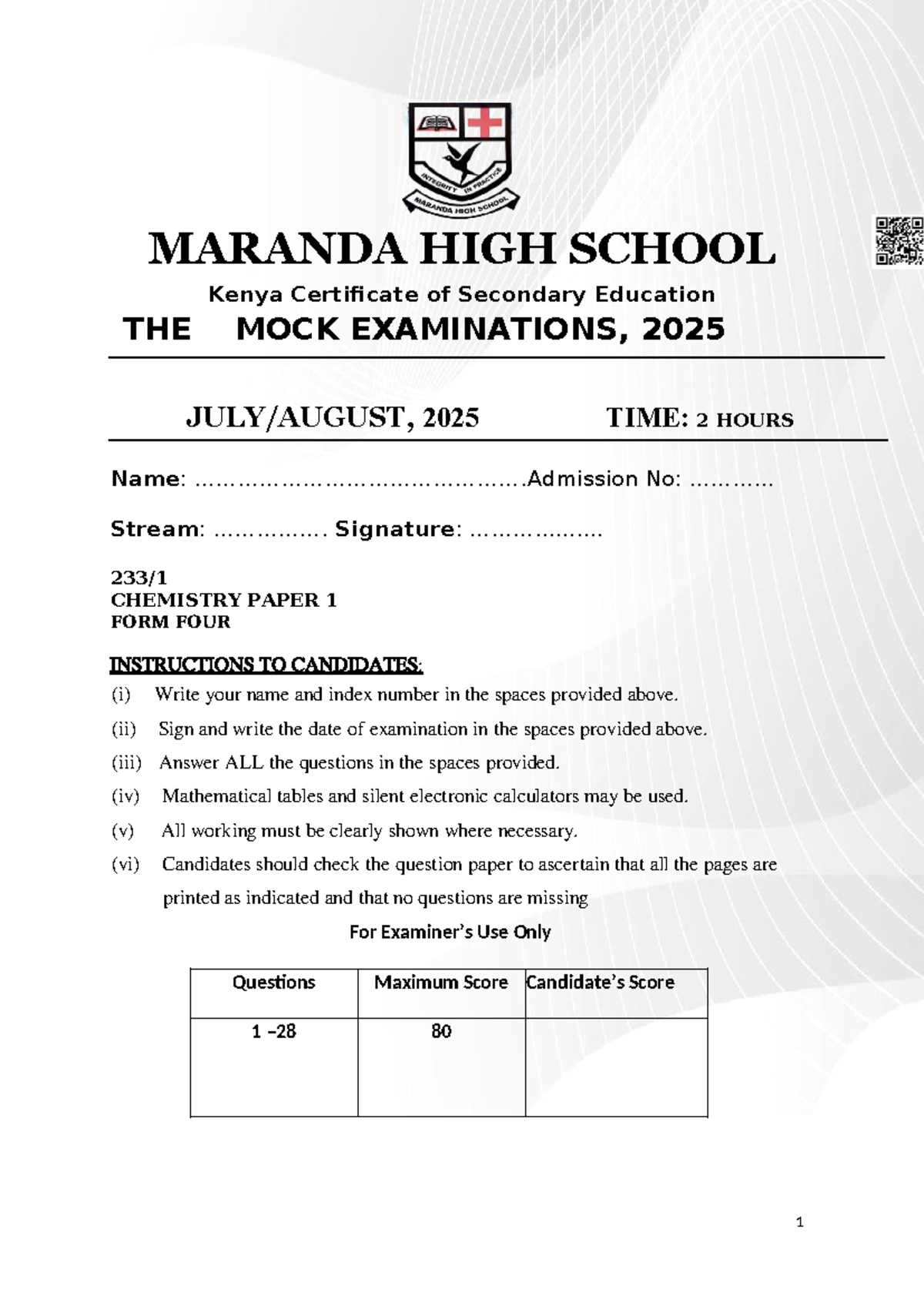 Maranda High School CHEMISTRY MOCK EXAMINATION PAPER 1, 2025 - Studocu