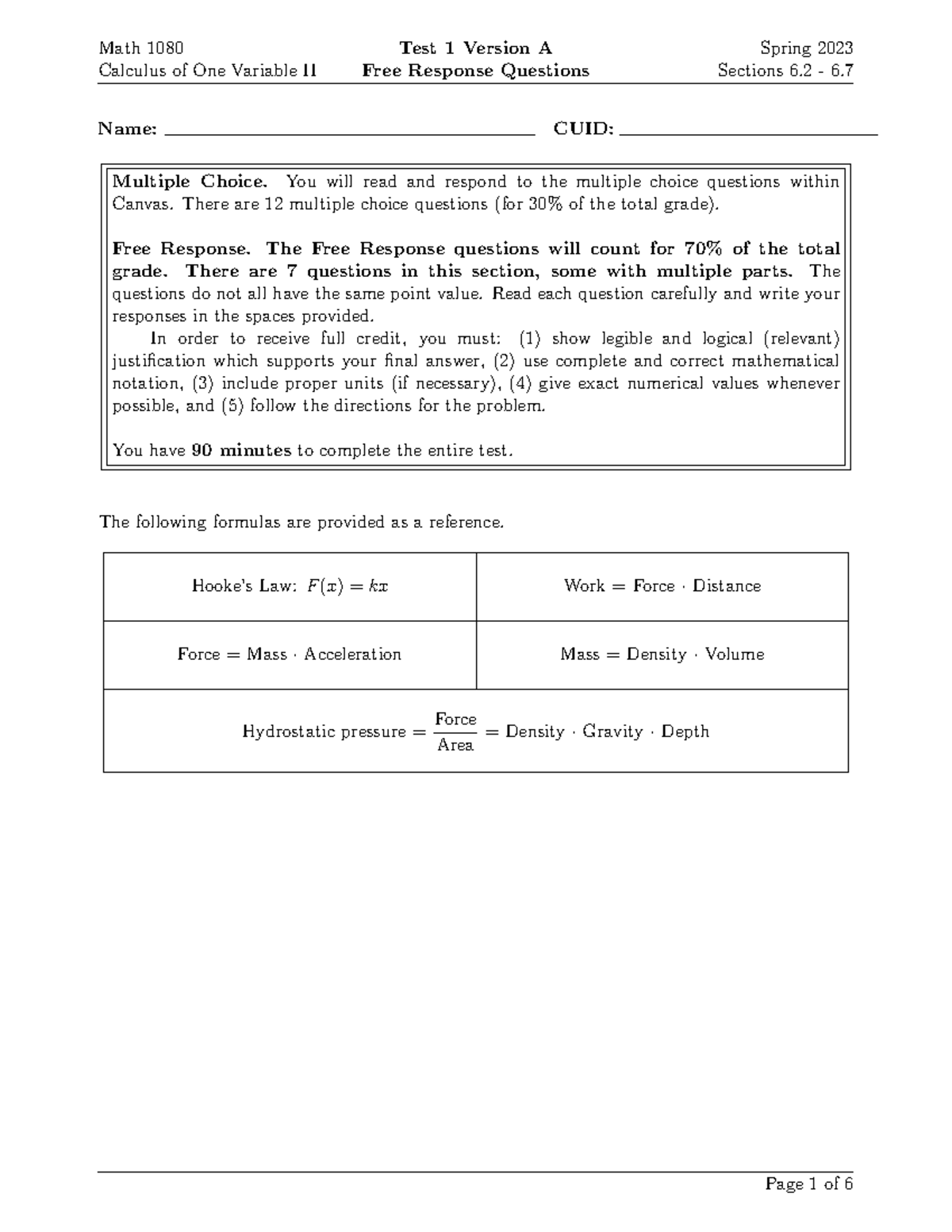 Math 1080 Calculus of One Variable II Test 1 Version A Free Response ...