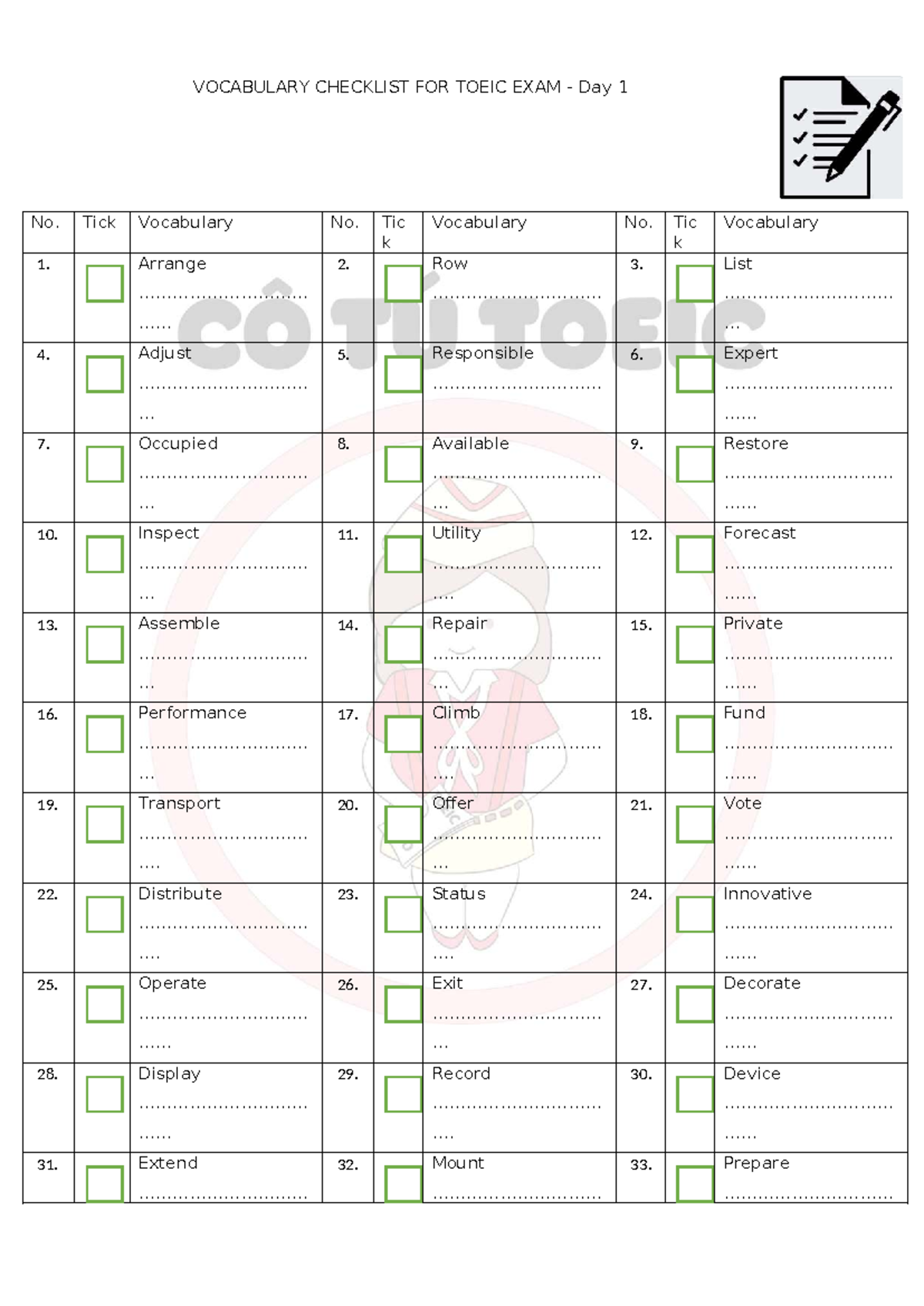 TOEIC EXAM Vocabulary Checklist - Day 1 Overview - Studocu