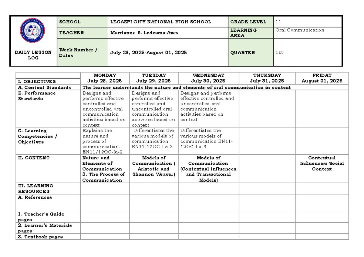 Oral Communication Daily Lesson Log (DLL) EN11: July 28 - August 1 ...