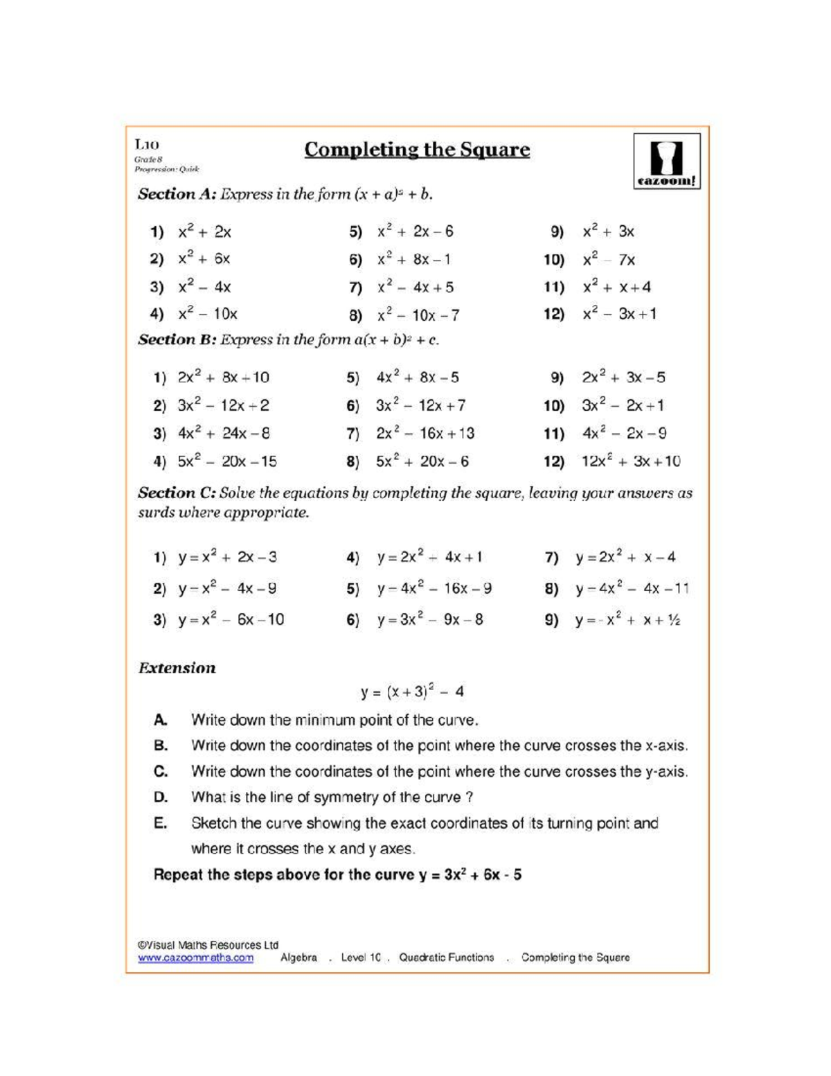 Math Practice sheet - Lip Completing the Square Progression: Quick ...