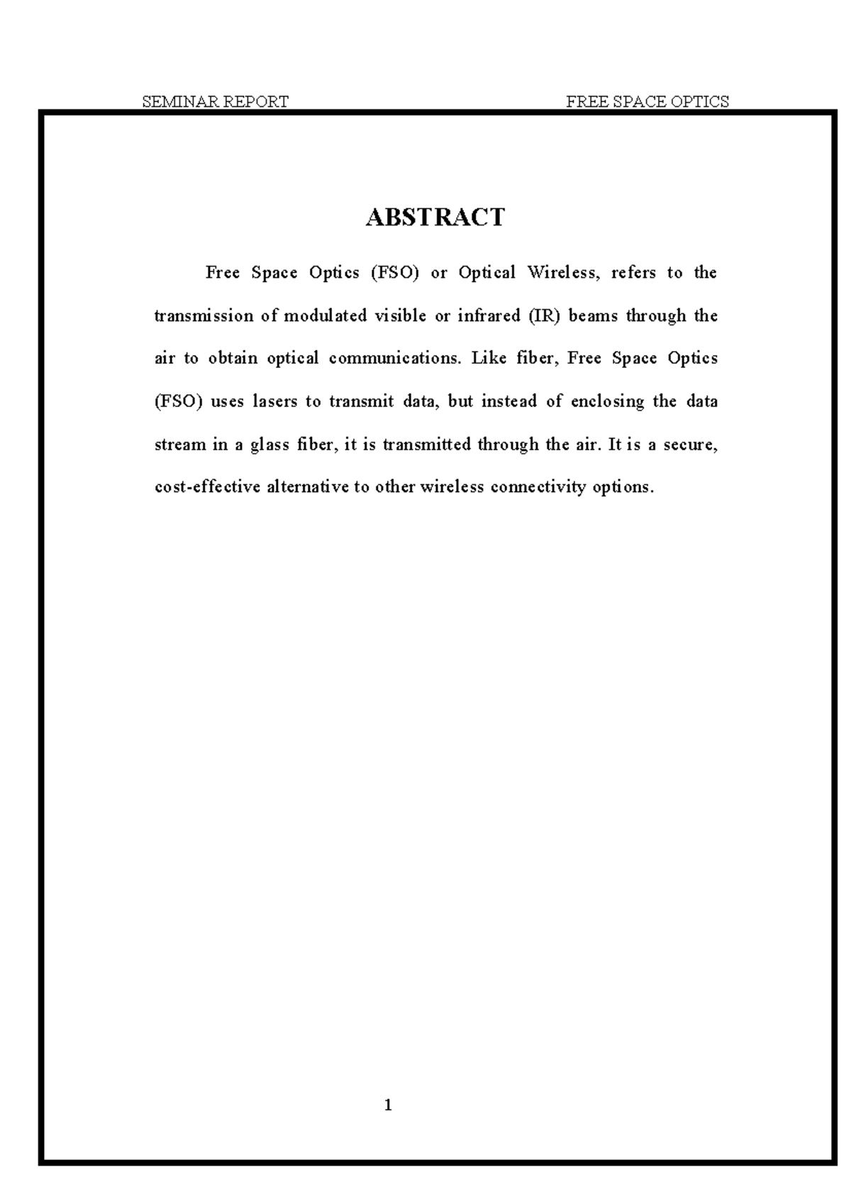 SEMINAR REPORT: FREE SPACE OPTICS (FSO) OVERVIEW AND APPLICATIONS - Studocu