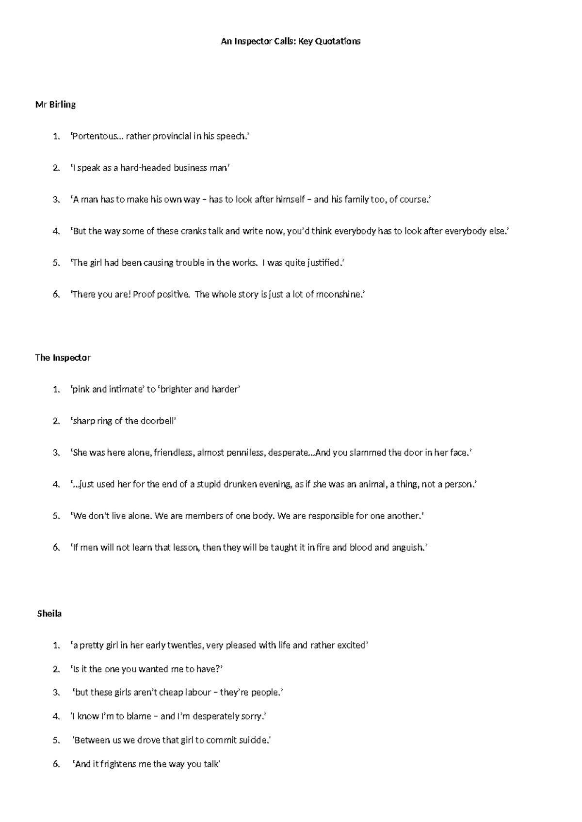 An Inspector Calls: Key Quotes Analysis for A-Level Literature - Studocu
