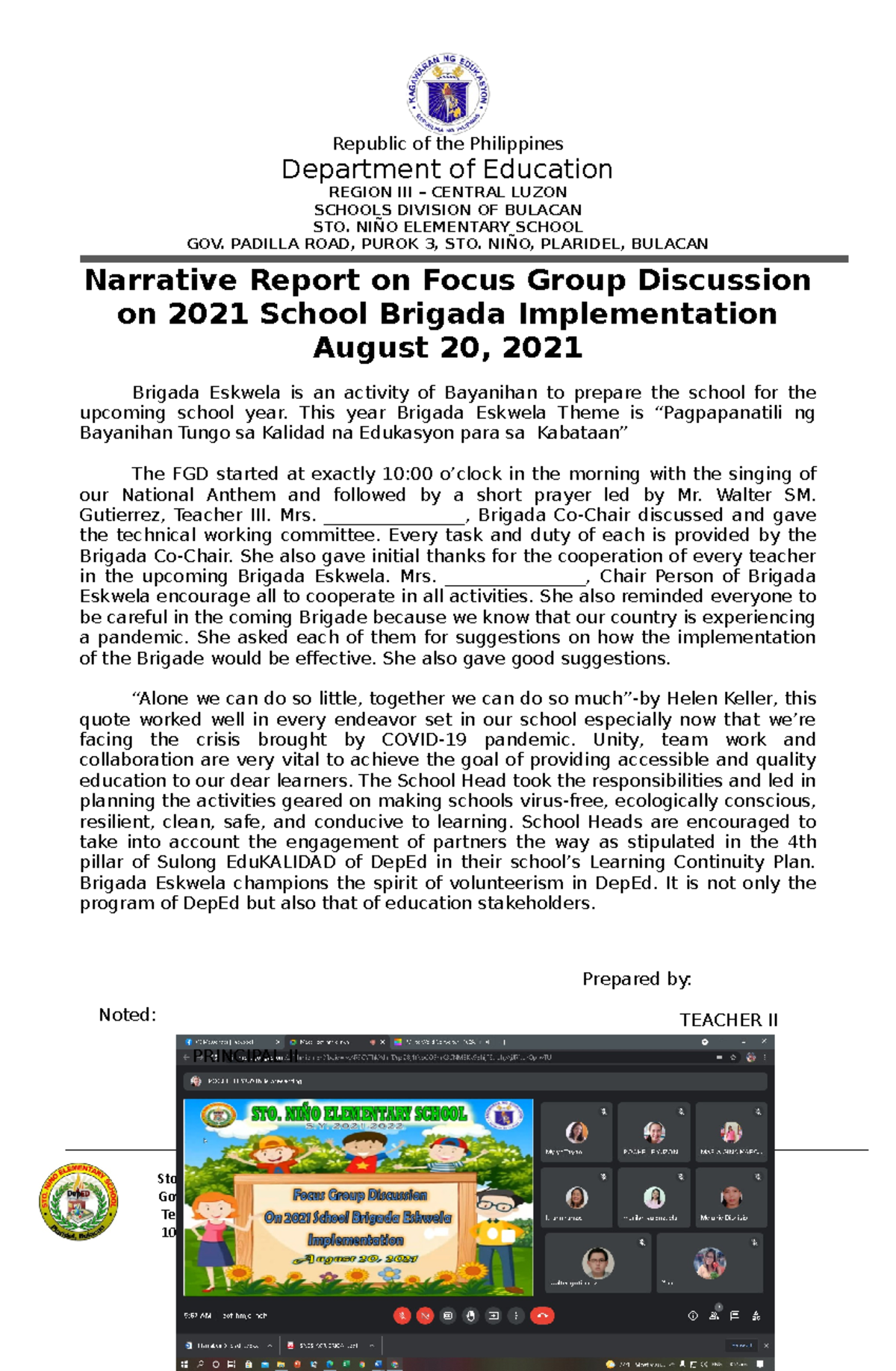 Focus Group Discussion Report: 2021 Brigada Eskwela Implementation ...