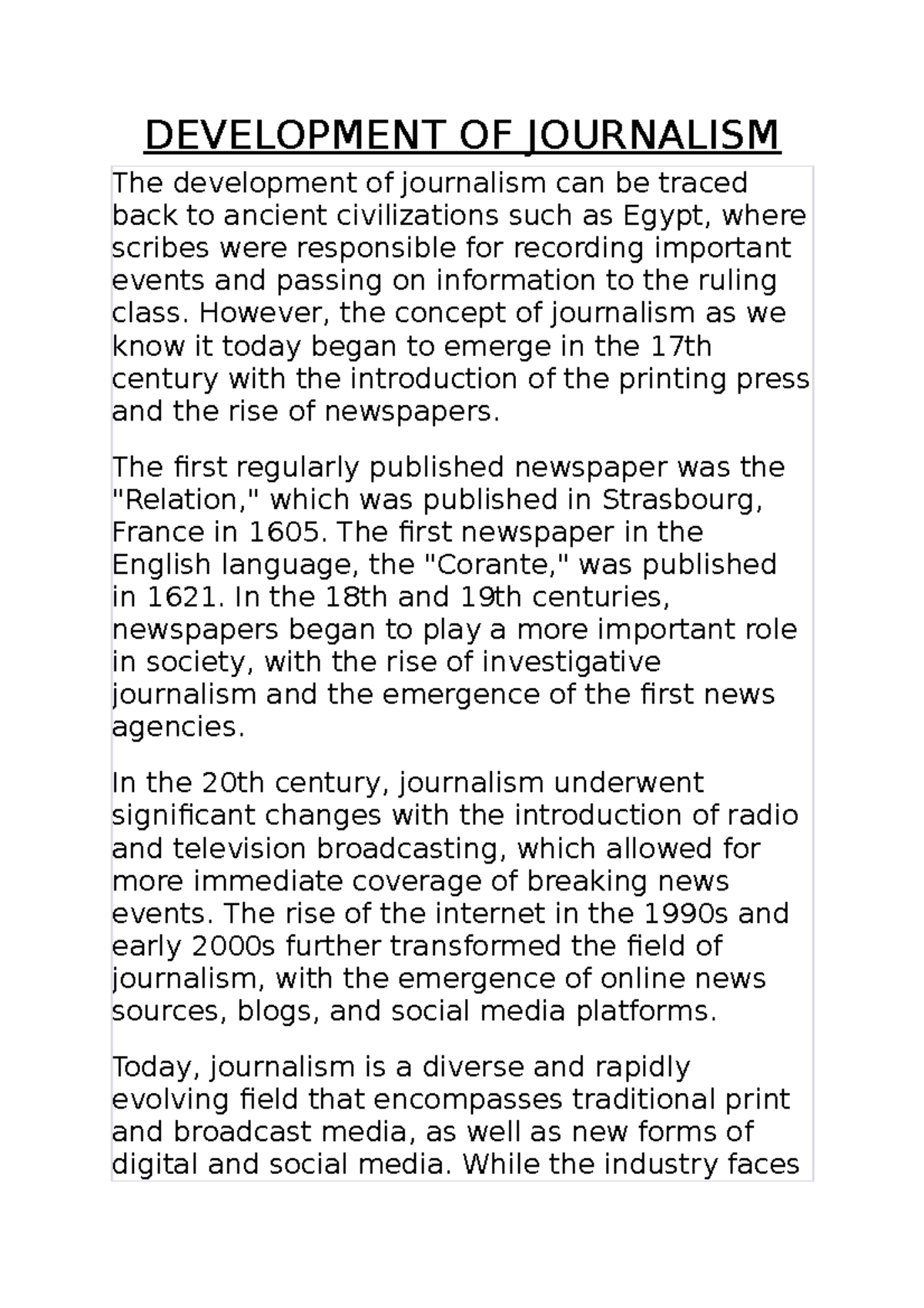History and Evolution of Journalism: From Ancient Times to Today - Studocu