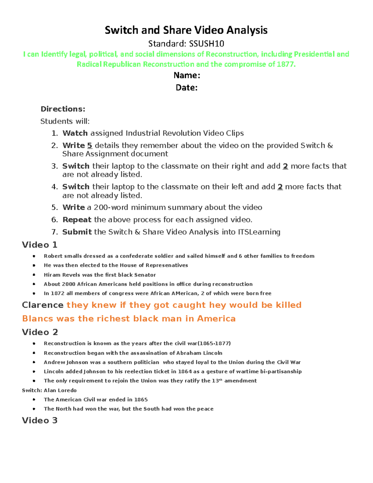 Switch and Share Video Analysis: SSUSH 10 on Reconstruction Insights ...