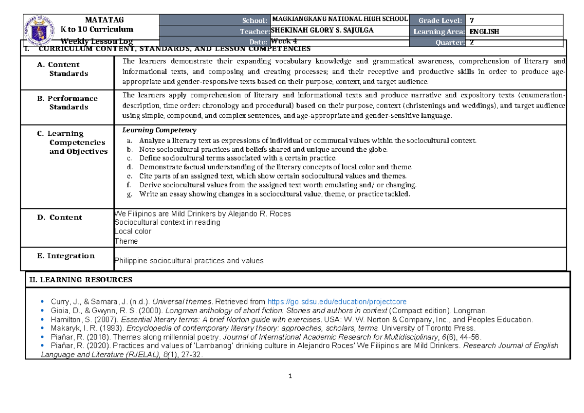 DLL Matatag English 7 Q2 Week 4 Lesson Log - Studocu