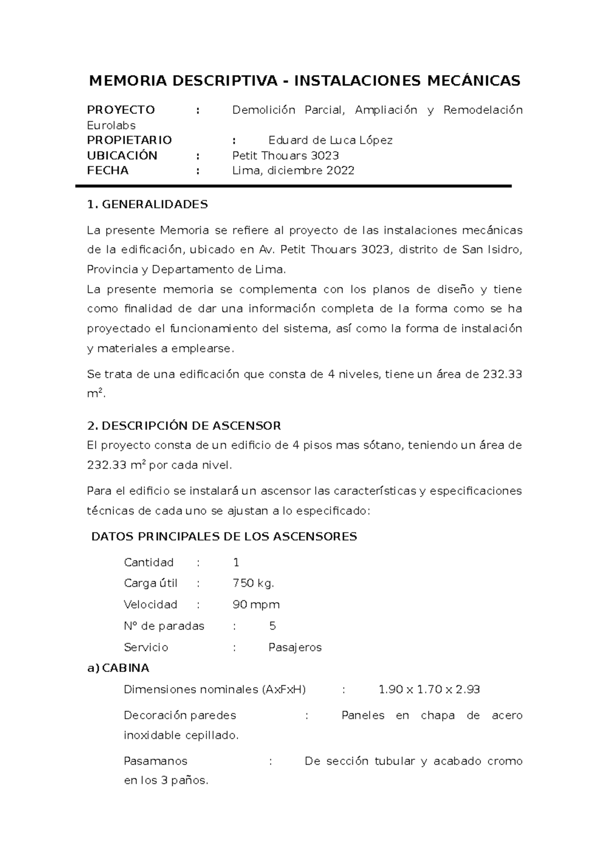 Memoria Descriptiva de Instalaciones Mecánicas - Proyecto Eurolabs ...