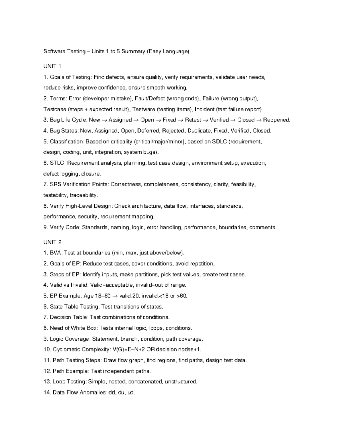 Software Testing Notes: Units 1-5 Summary (Easy Language) - Studocu