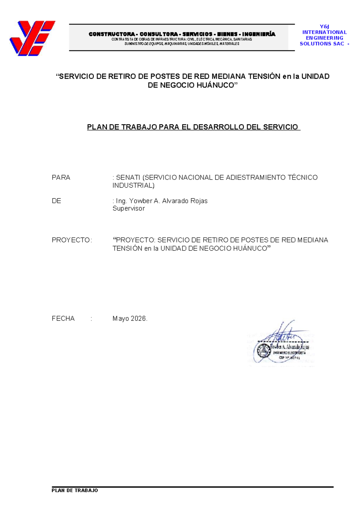 Plan de Trabajo para el Servicio de Retiro de Postes - SENATI - Studocu