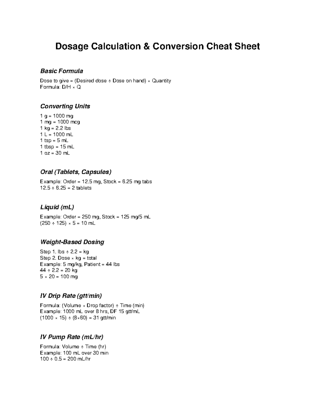 Dosage Calculation Conversion Cheat Sheet for Nursing (NUR 101) - Studocu