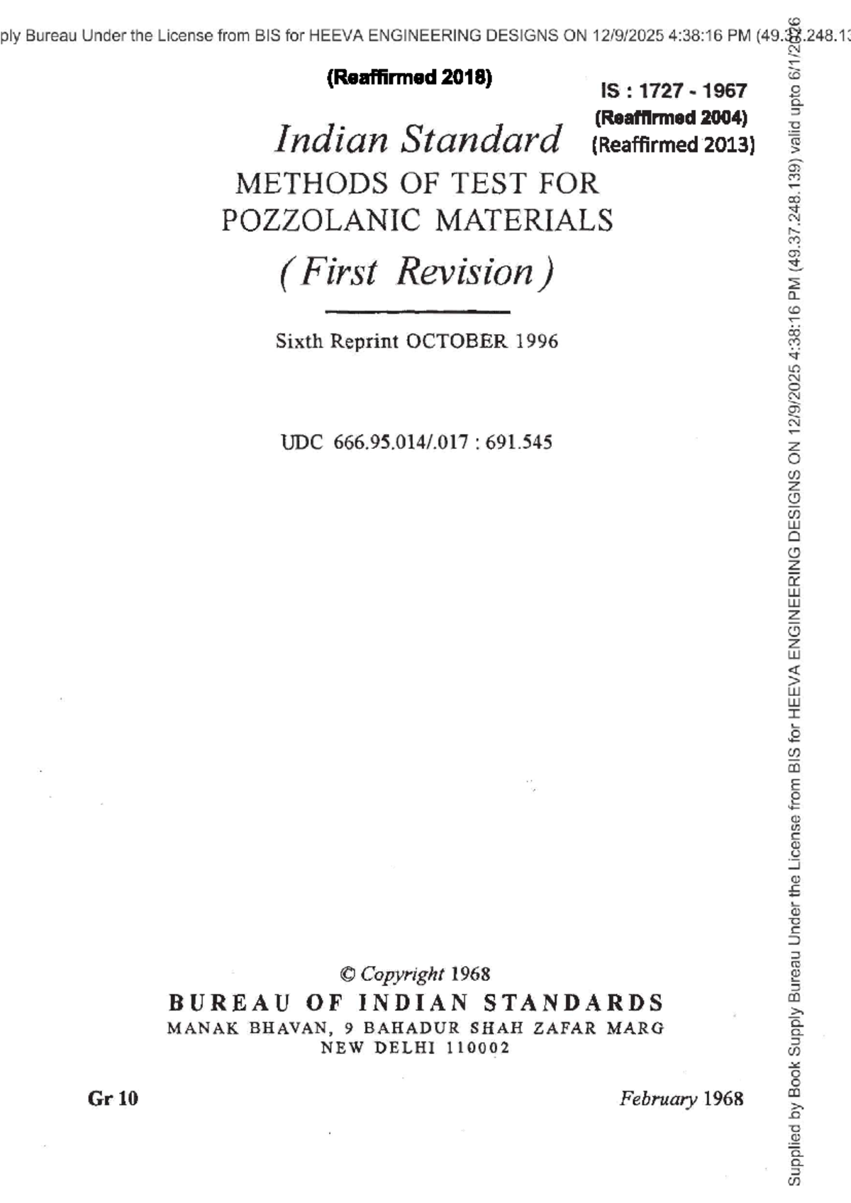 IS 1727:1967 - Methods of Test for Pozzolanic Materials (Revised) - Studocu