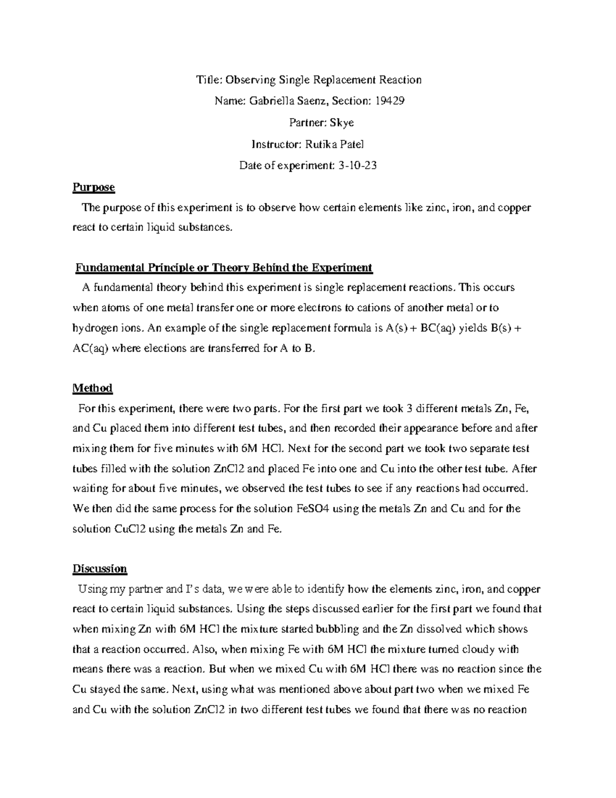 Observing Single Replacement Reaction report - Title: Observing Single ...