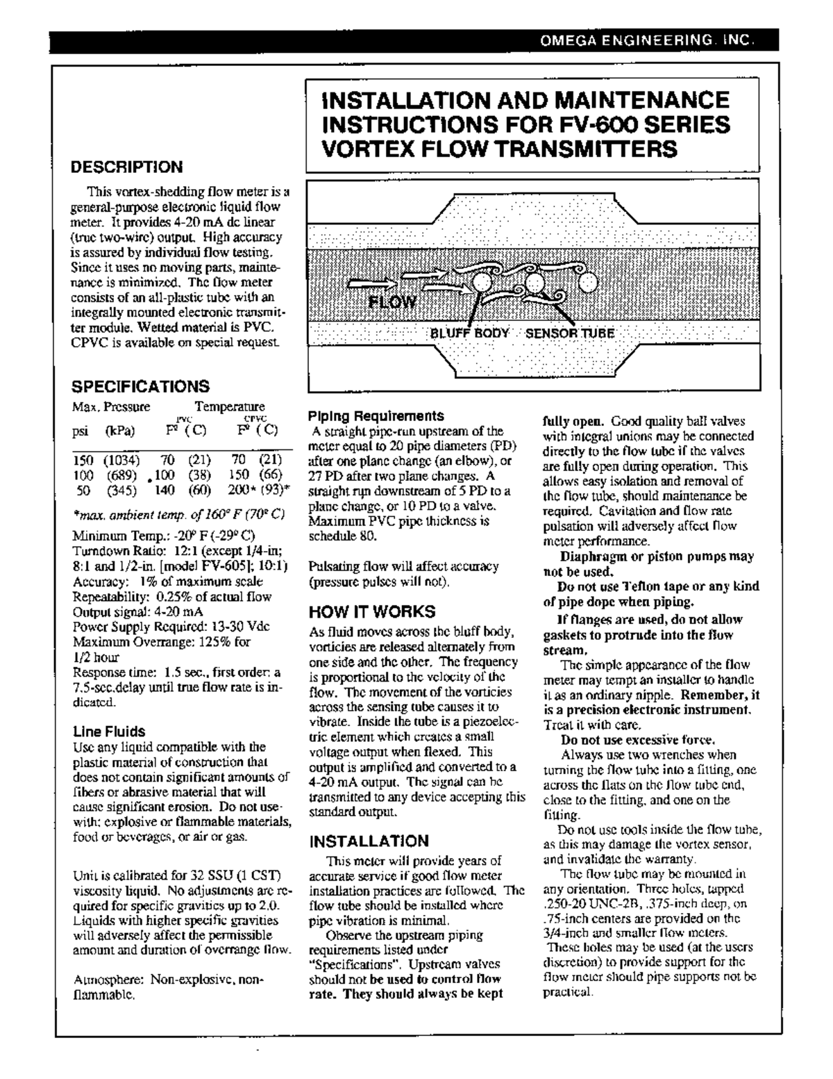 OMEGA ENGINEERING, INC. Vortex Flow Meters Installation & Maintenance ...