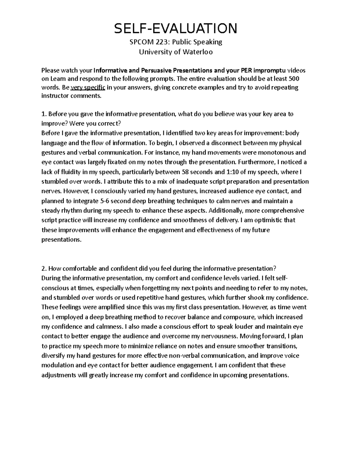 Self-Evaluation of Informative & Persuasive Presentations - SPCOM 223 ...