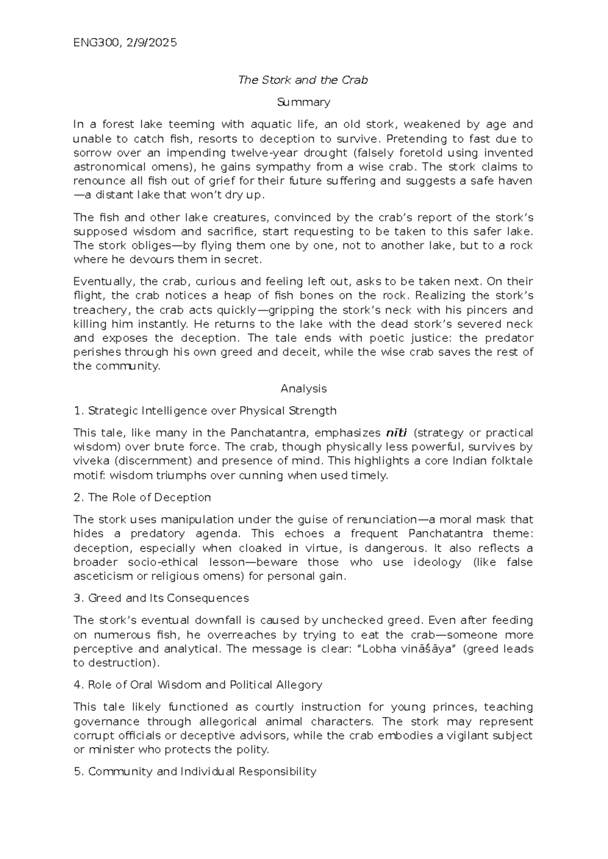 ENG300, Summary and Analysis of The Stork and The Crab Fable - Studocu