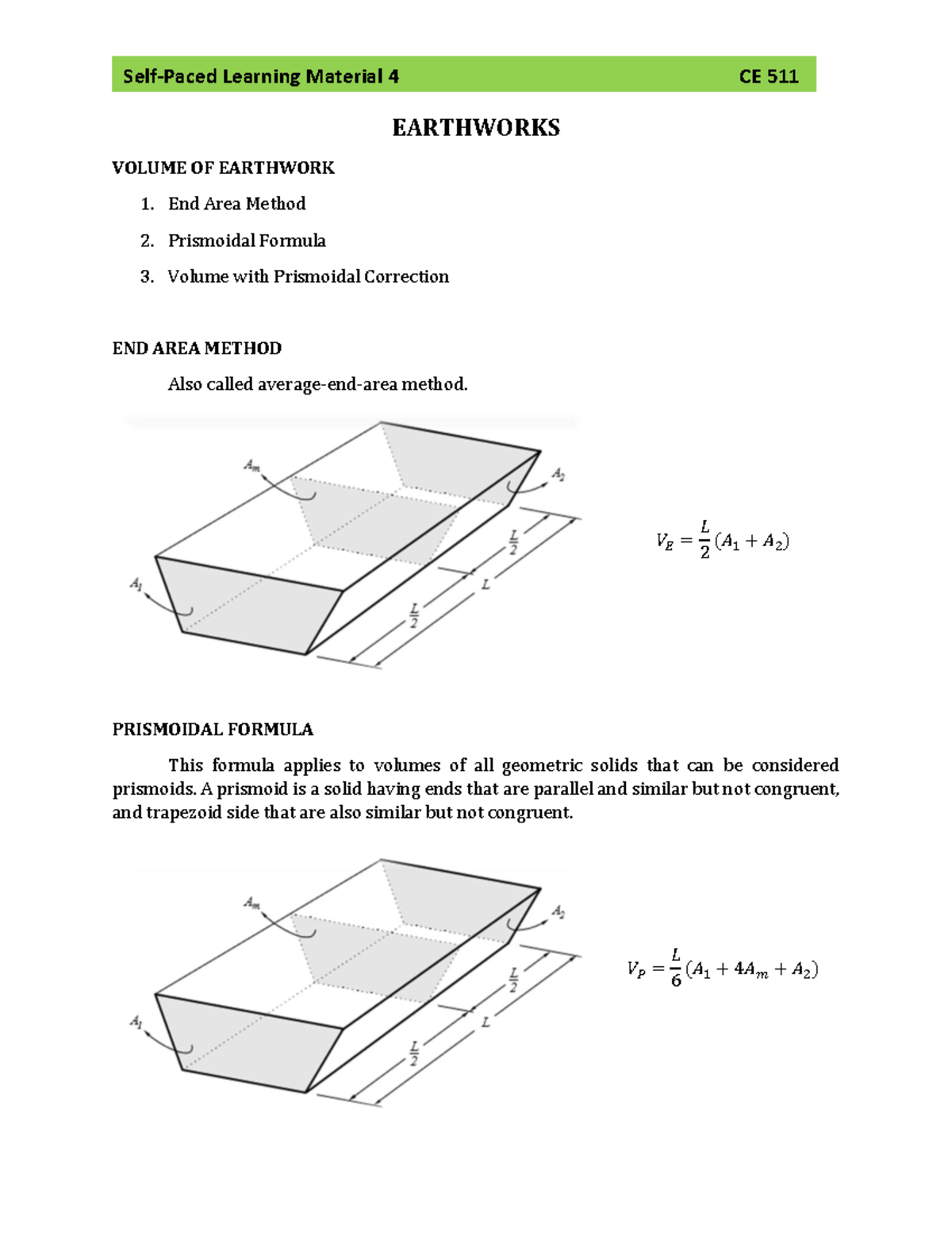 CE 221 SPLM4 - Earthworks Volume Calculation Methods and Examples - Studocu