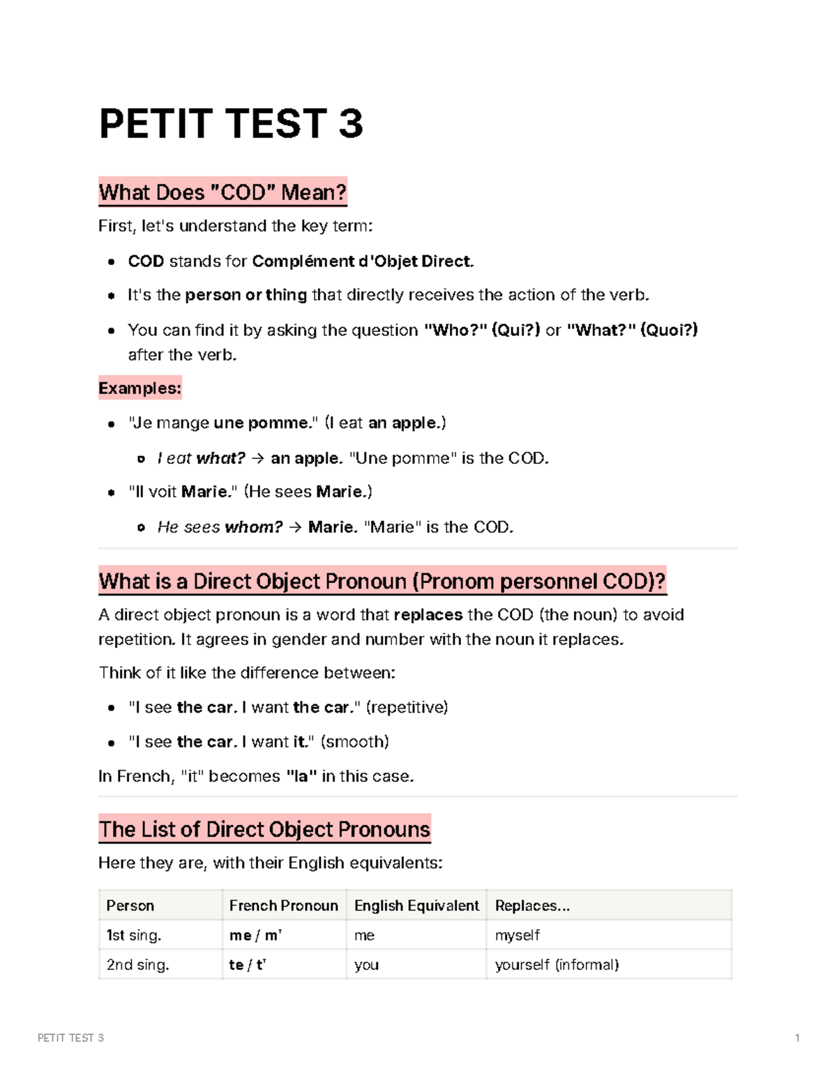Petit TEST 3 - Understanding Direct Object Pronouns in French - Studocu