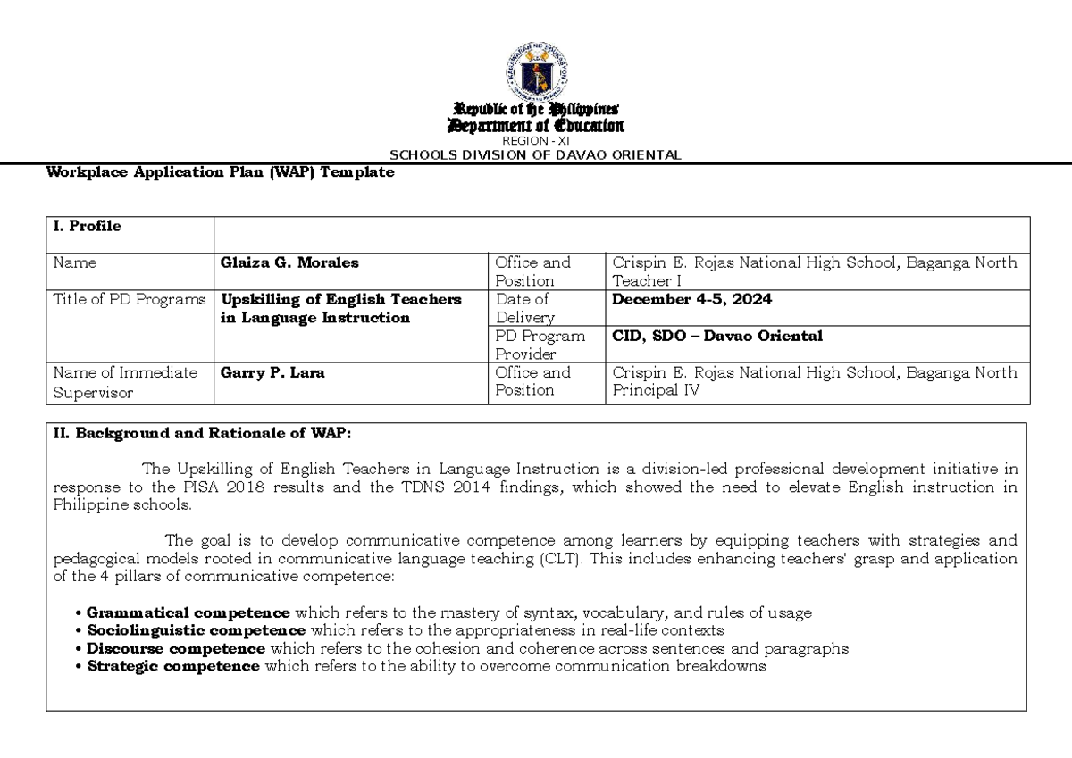 WAP for Upskilling English Teachers in Language Instruction (PD Program ...