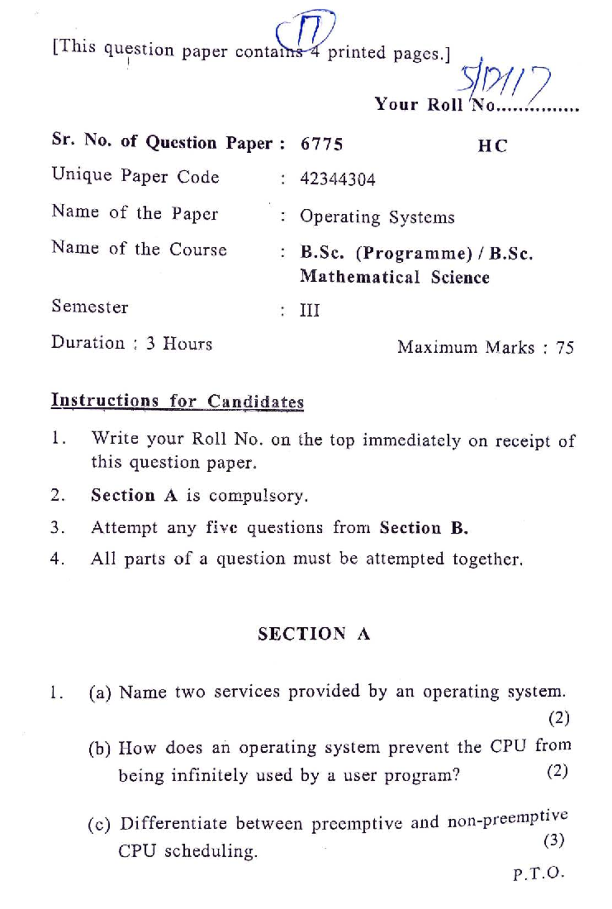 B.Sc. (Prog.) 3rd Sem 2017 Operating Systems & Algebra Question Papers ...