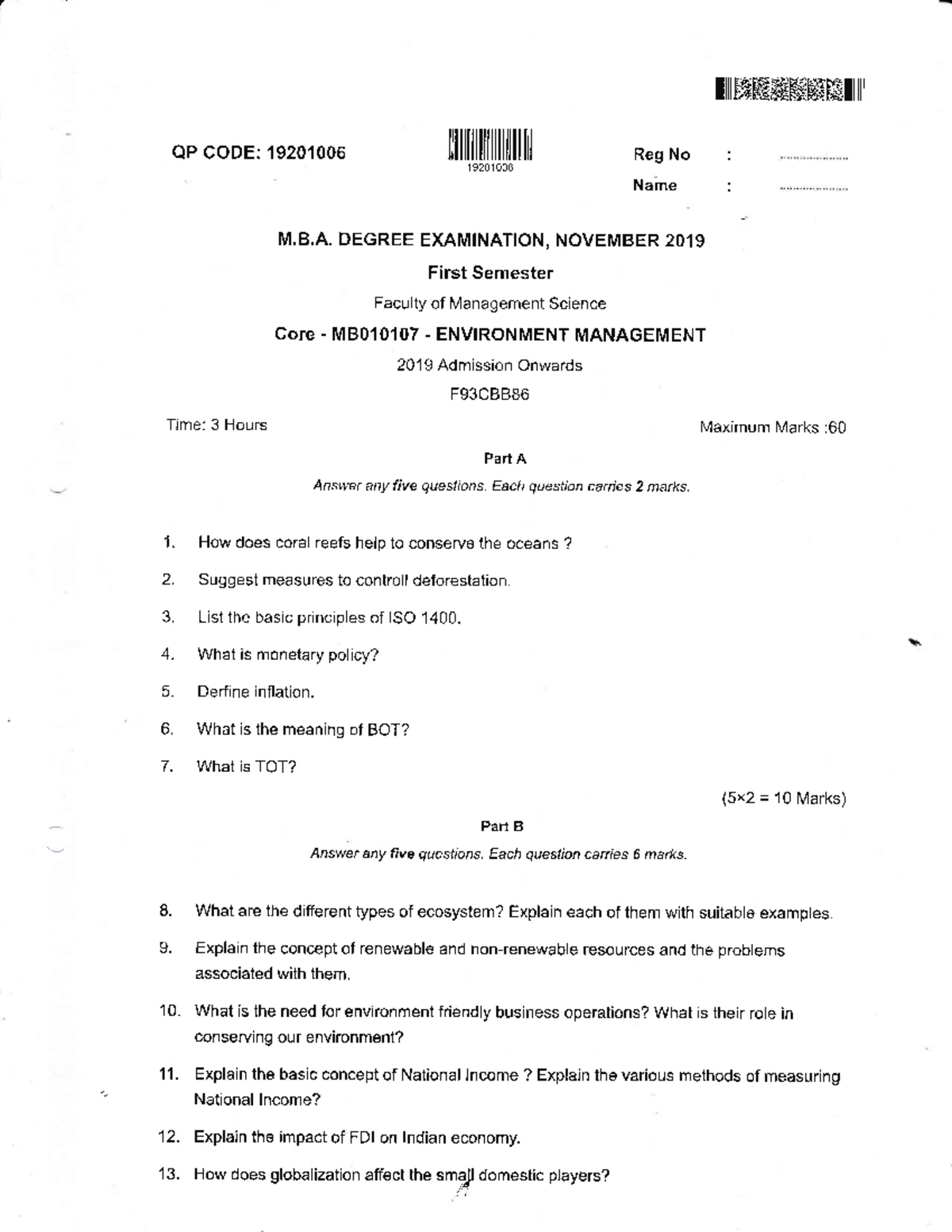 EM 2019 - MBA 1st Sem Environment Management Question Paper - Studocu
