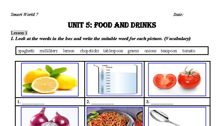 Smart World 7: Unit 5 - Food and Drinks Lesson Activities - Studocu