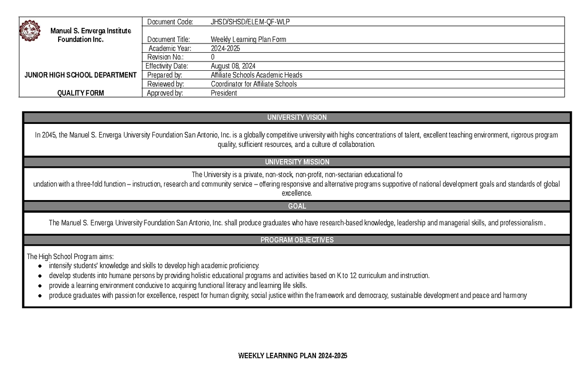 FIL 8 WEEK 1 Q1 - Weekly Learning Plan for Filipino 8 - Studocu
