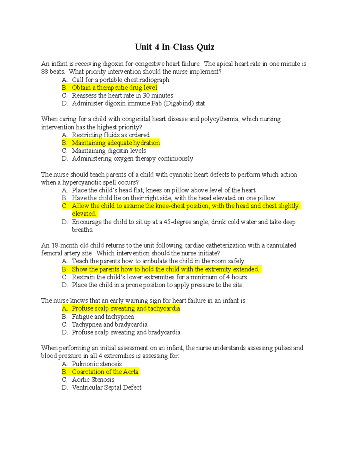 WK 4 - Unit 4 Quiz Answer Key with Nursing Interventions - Studocu
