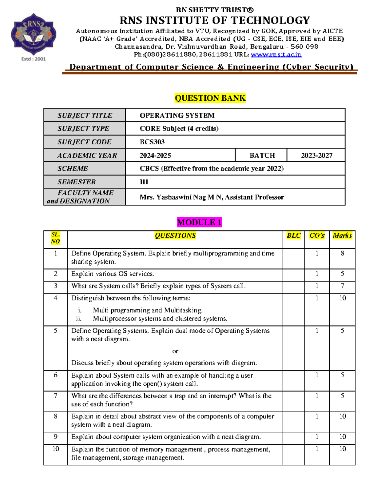Operating Systems Question Bank (BCS303) - Core Concepts and Scheduling ...