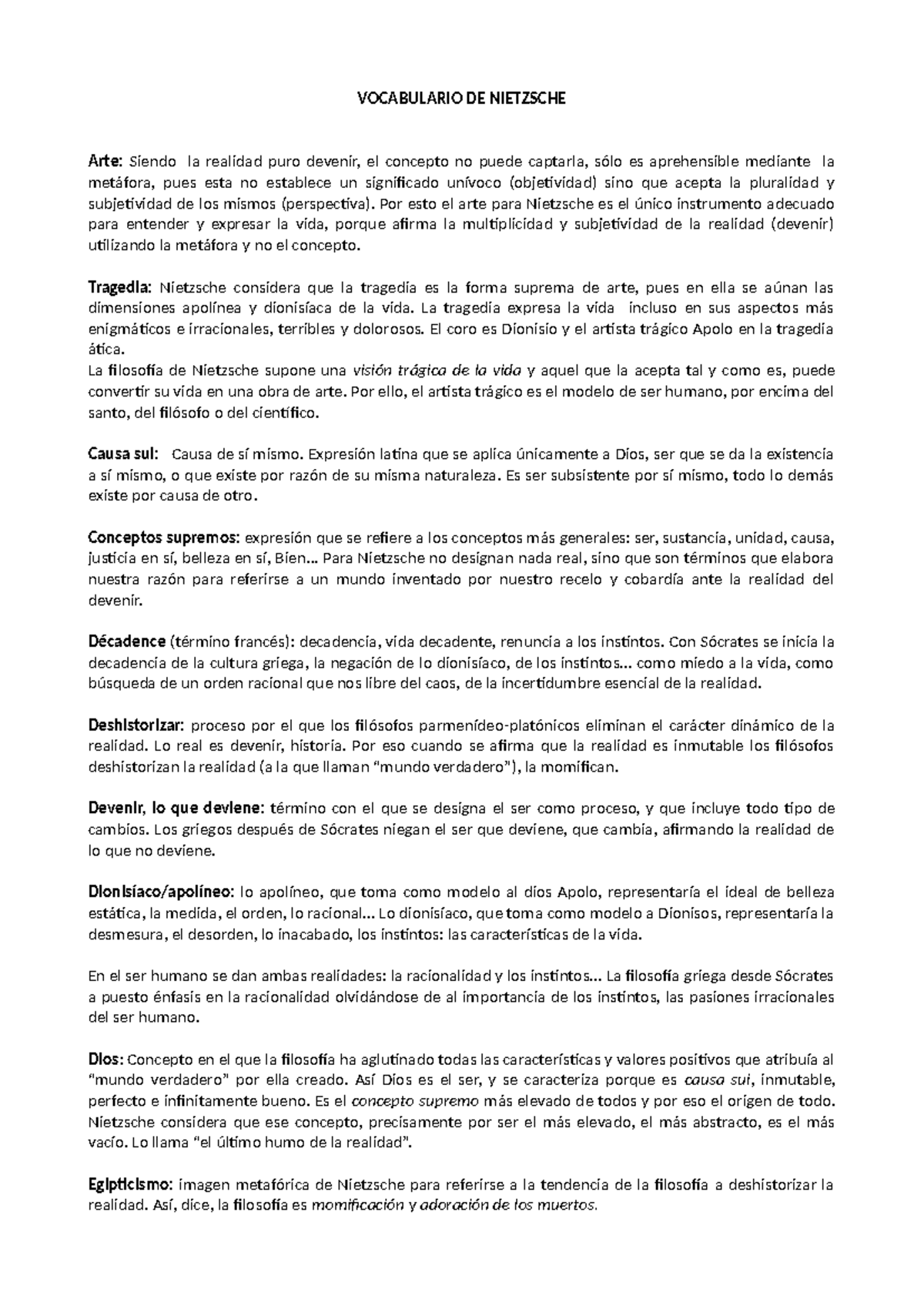 Definiciones de Términos de Nietzsche: Arte, Tragedia y Más - Studocu