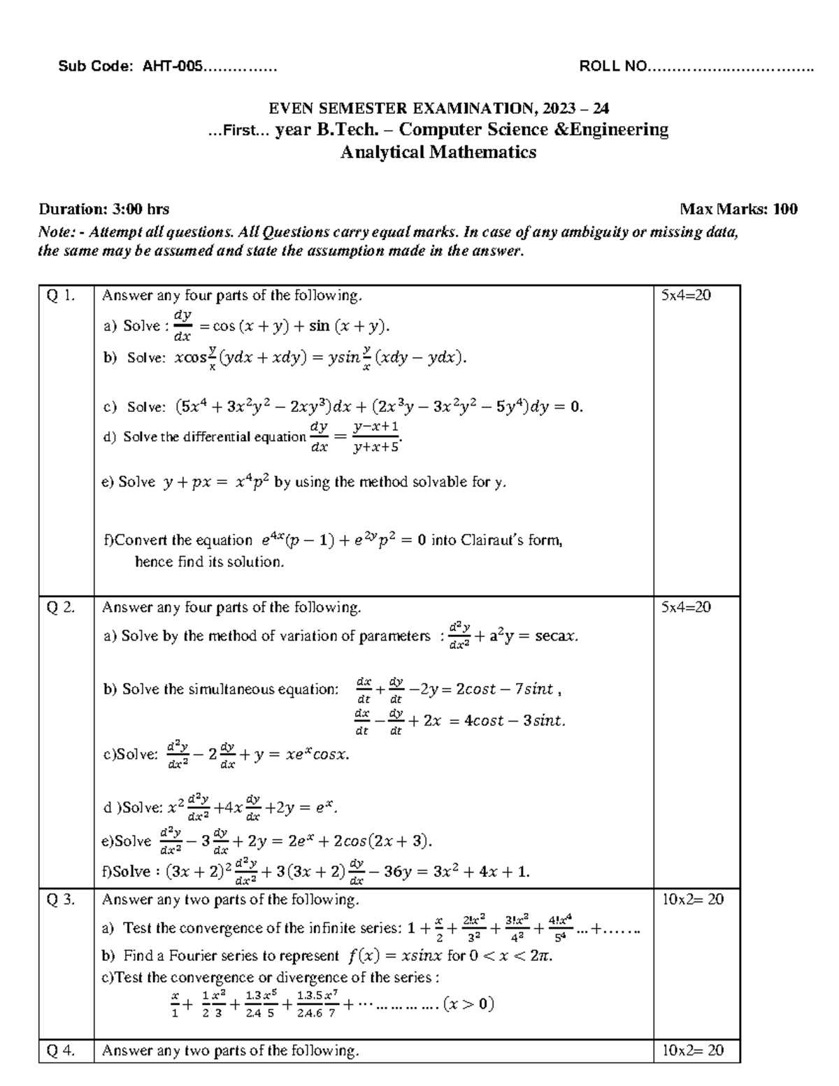 B.Tech CSE M2 Final Exam Paper: Analytical Mathematics 2023-24 - Studocu