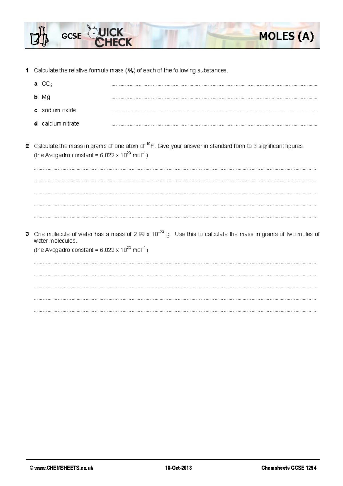 Chemsheets GCSE 1294 QC Moles A - © CHEMSHEETS.co 18 - Oct- 2018 ...