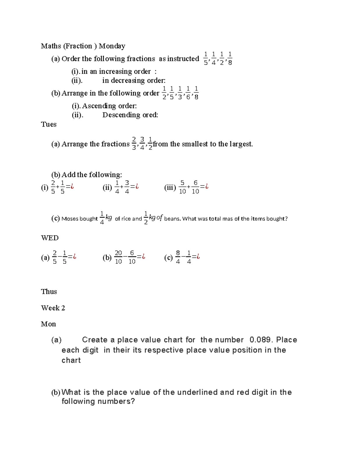 Maths (Fraction) Week 2 Exercises for Primary Education - Studocu