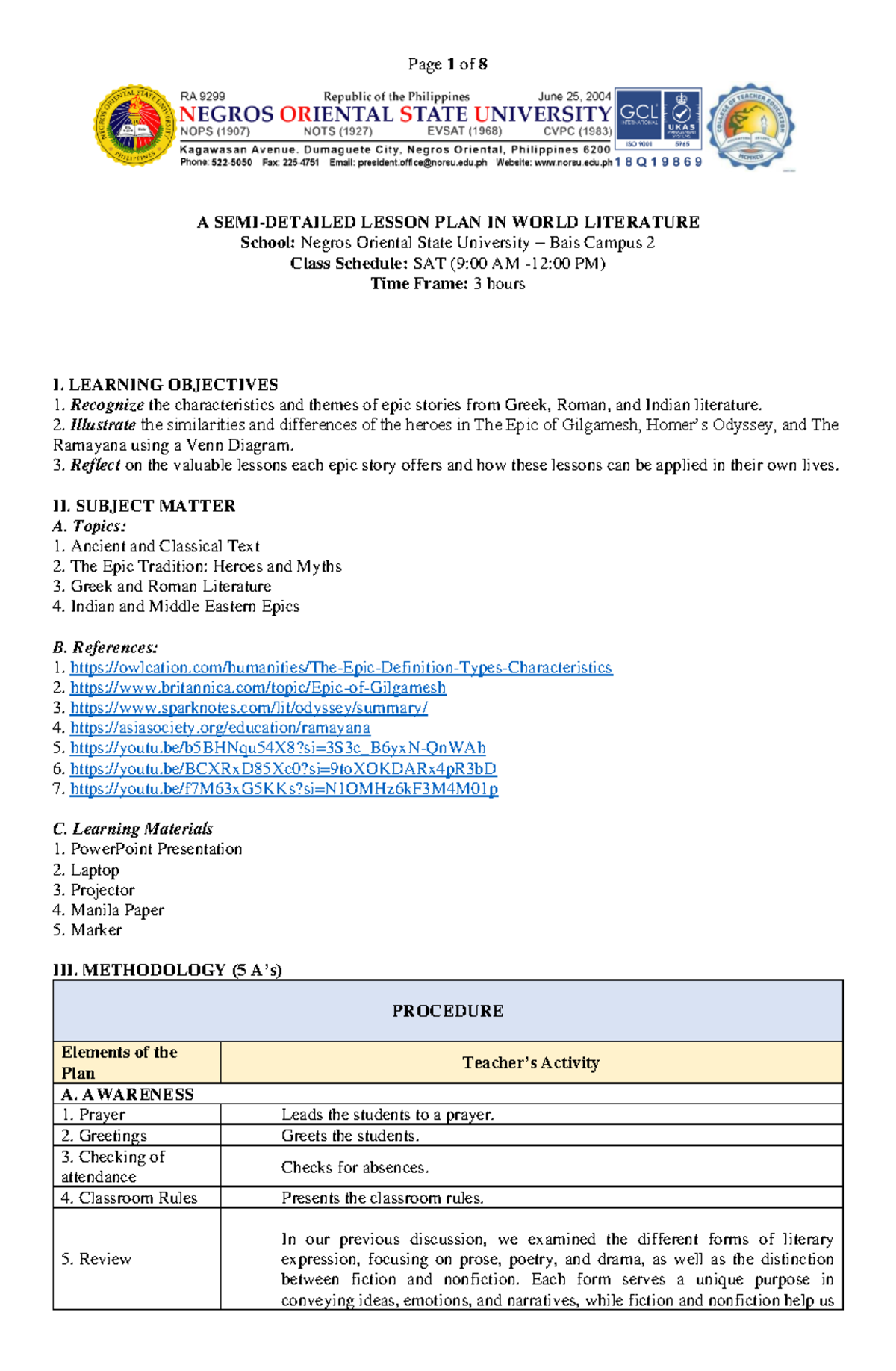 World Literature 101 - Semi-Detailed Lesson Plan on Epics - Studocu