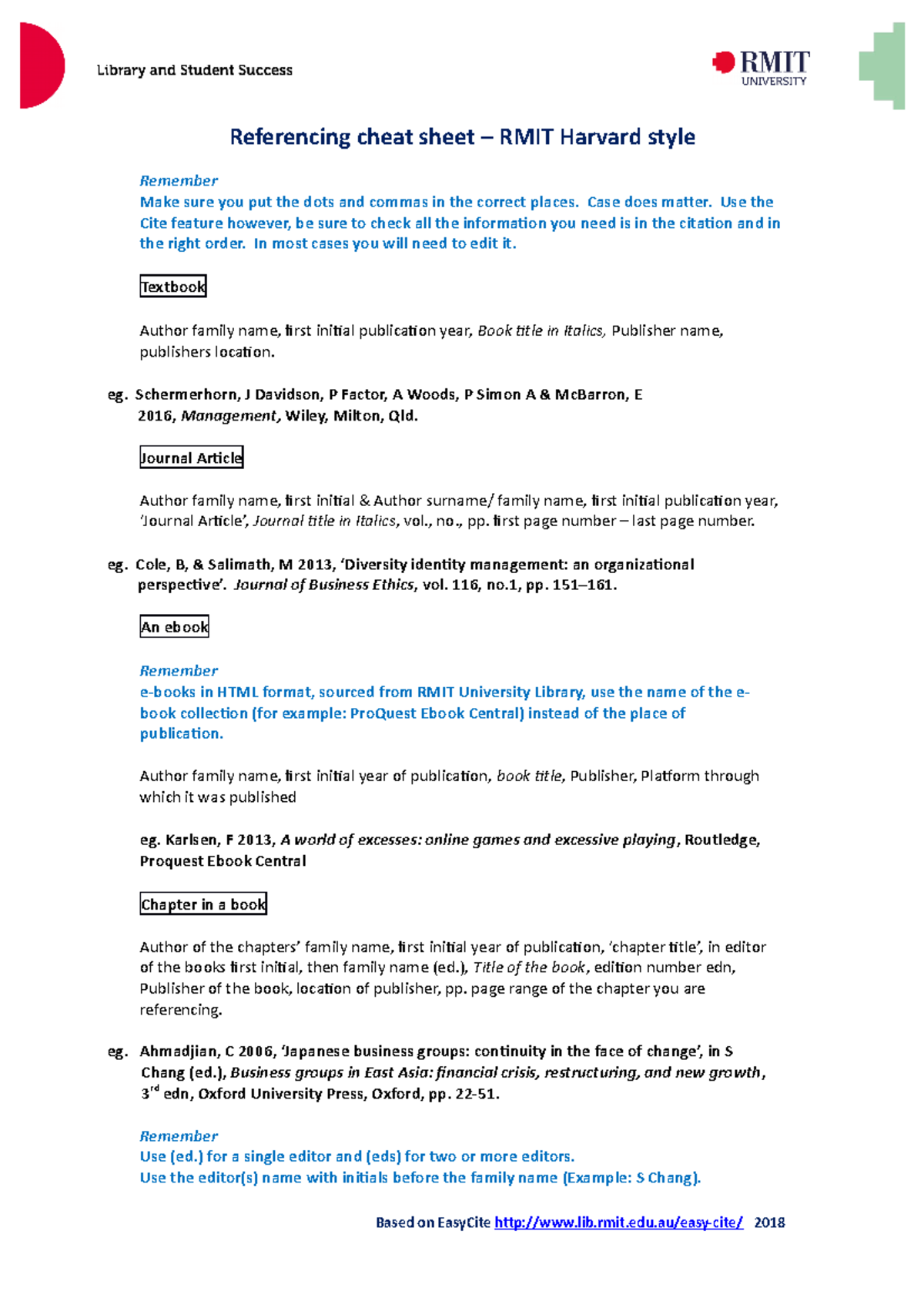 Tutorial Week 2 Referencing cheat sheet - Referencing cheat sheet – RMIT Harvard style Remember ...