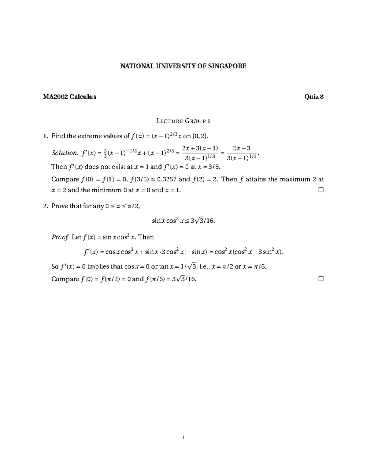 MA2002 Calculus Quiz 8 Solutions and Extreme Value Analysis - Studocu