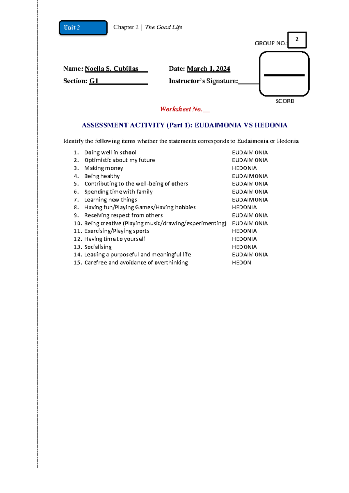 Unit 2 Chapter 2 The Good Life: Assessment & Goal Setting Worksheet - Studocu