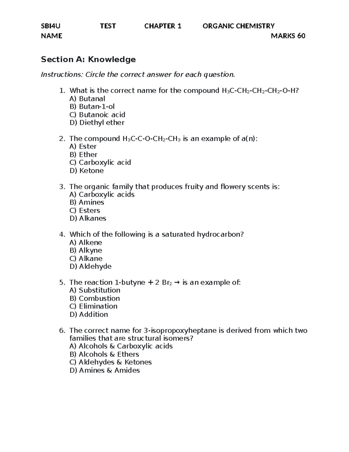 SBI4U Test: Chapter 1 Organic Chemistry Questions and Answers - Studocu