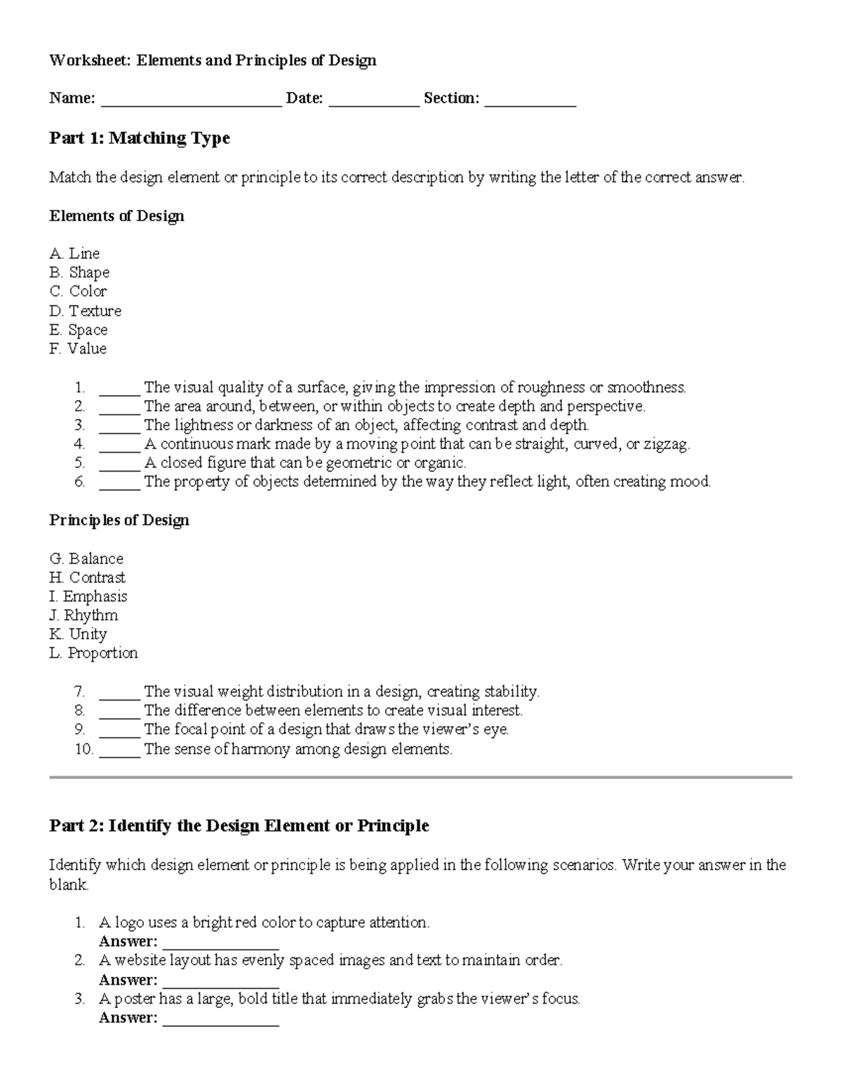 Worksheet 1 Elements & Principles of Graphic Design - Worksheet ...