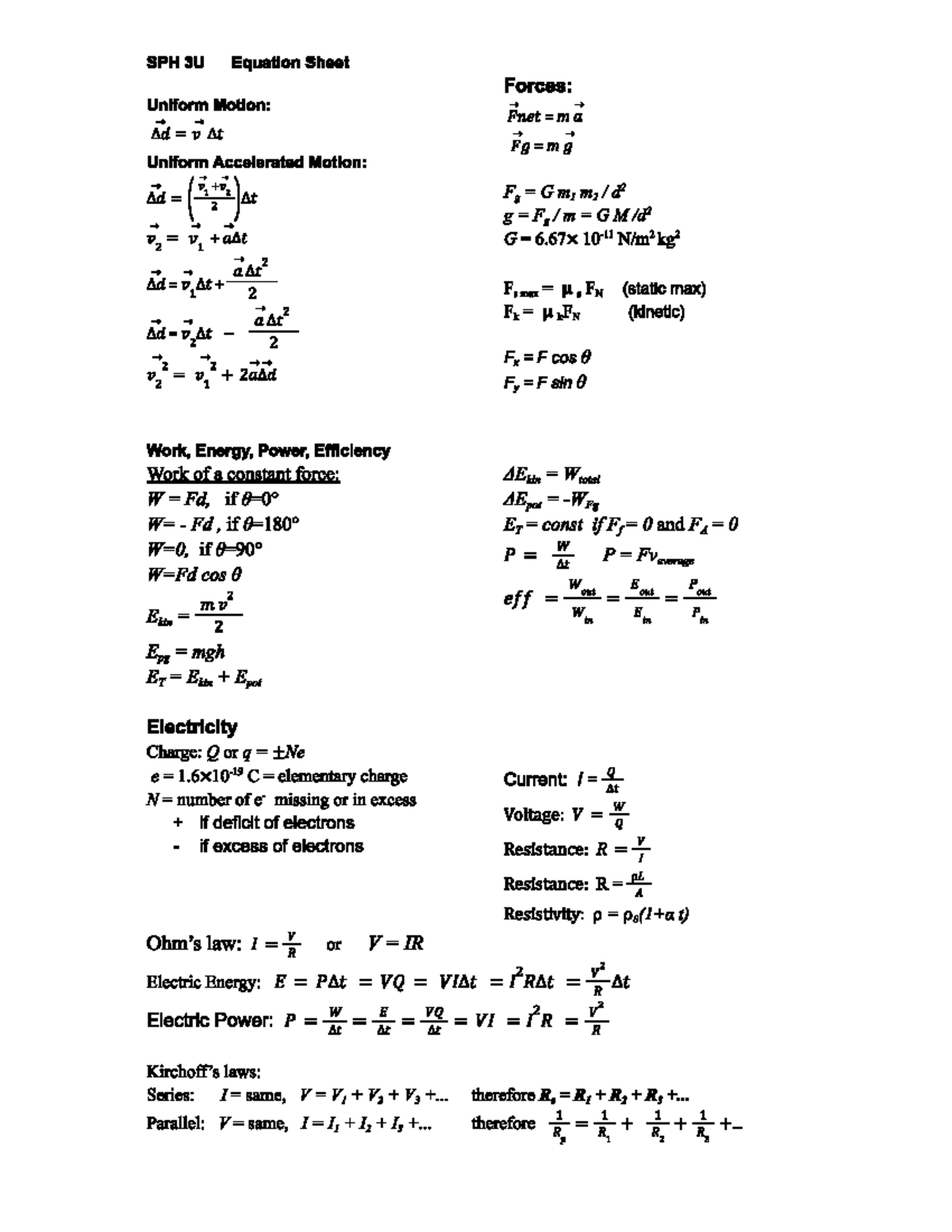 Physics Eq Sheet - SPH 3U Equation Sheet Forces: Uniform Motion: At ...