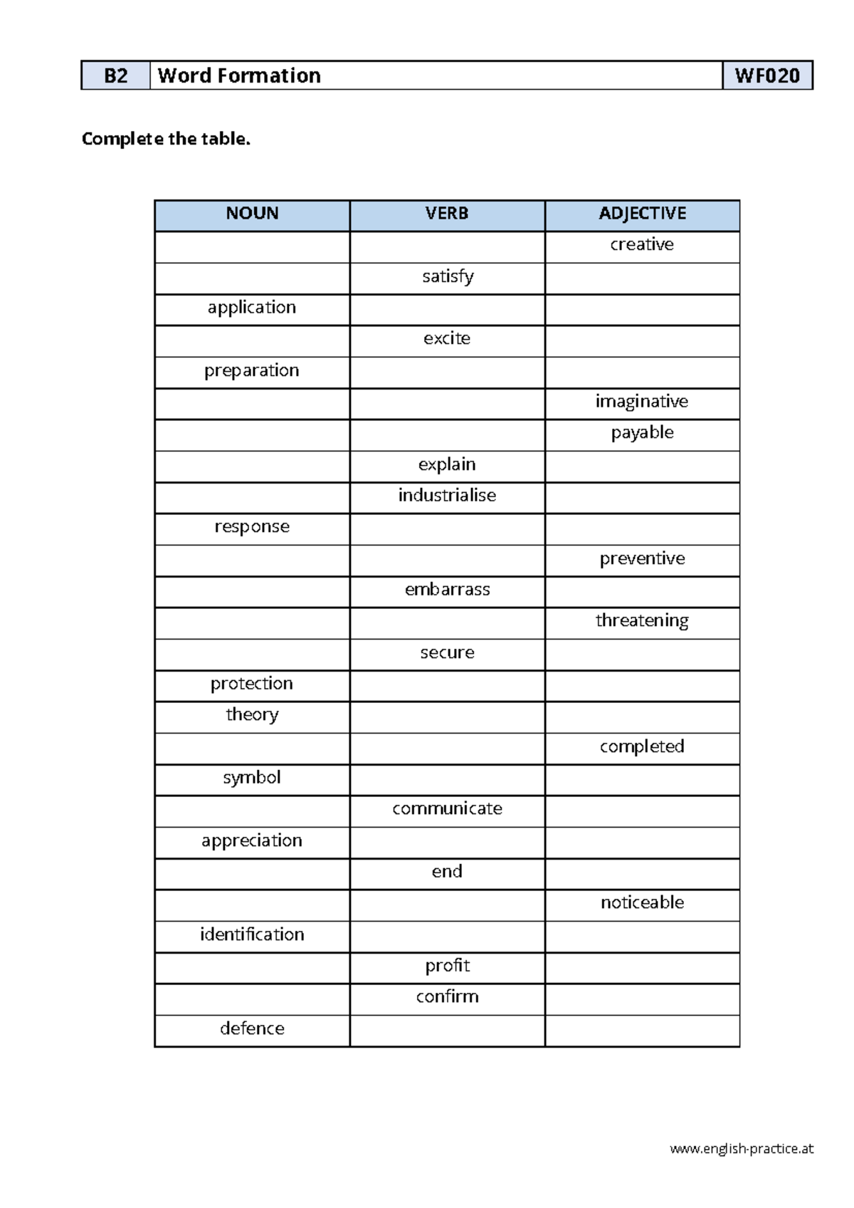 Word Formation Exercise 2 - english-practice B2 Word Formation WF 020 ...