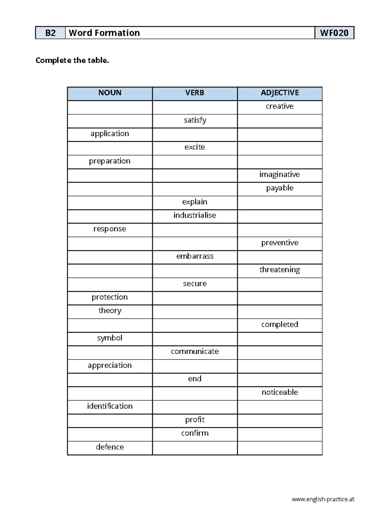 Word Formation Exercise 2 - english-practice B2 Word Formation WF 020 ...