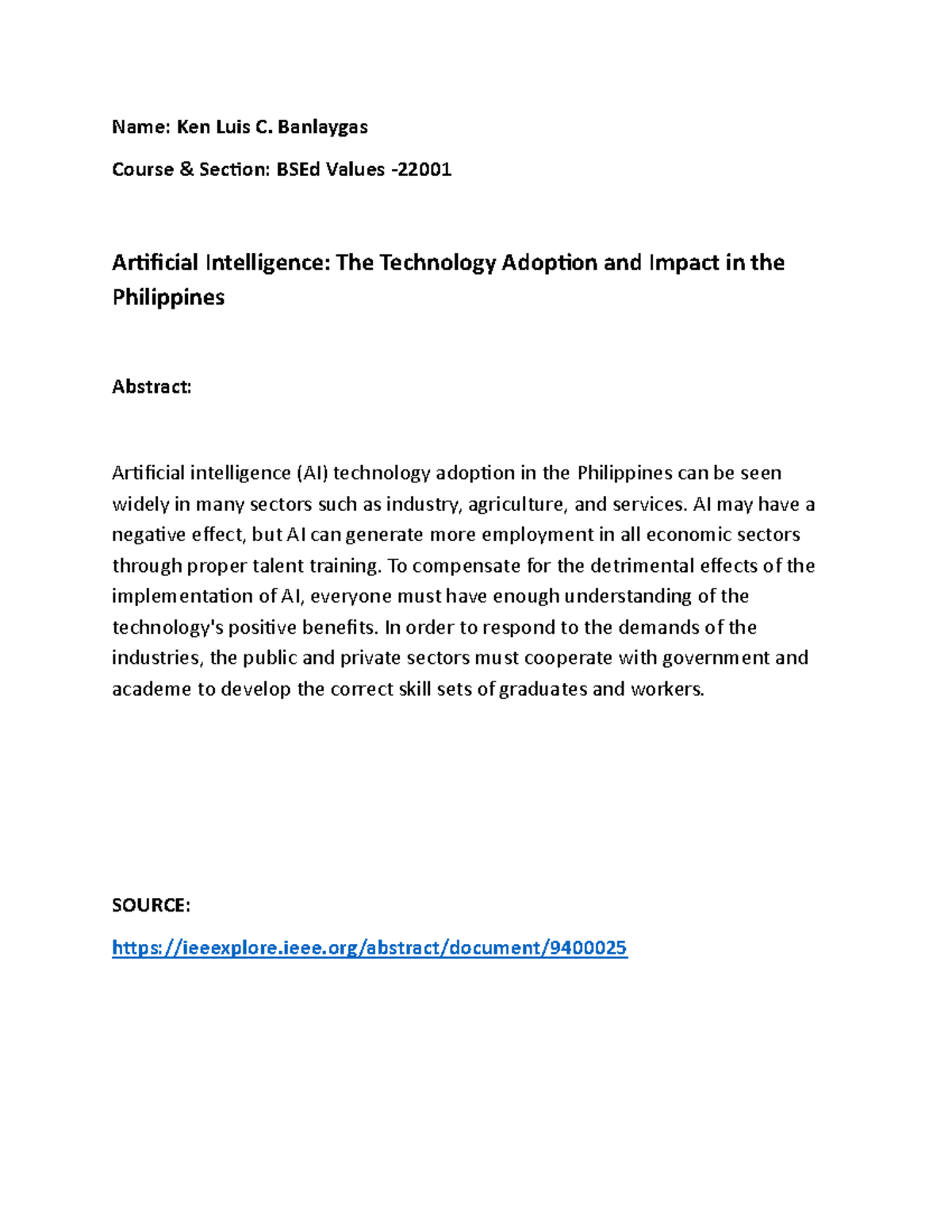 BSEd Values: AI Technology Adoption & Impact in the Philippines - Studocu