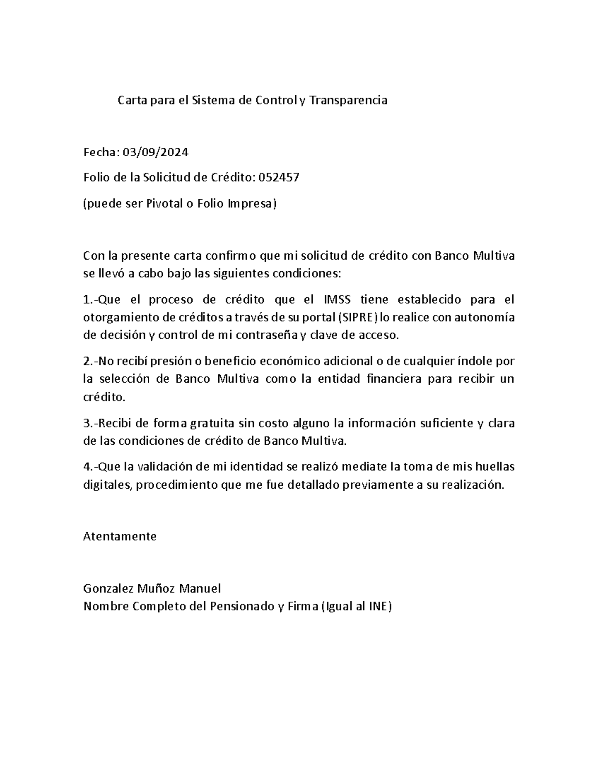 Carta de Confirmación de Solicitud de Crédito - Folio 052457 - Studocu