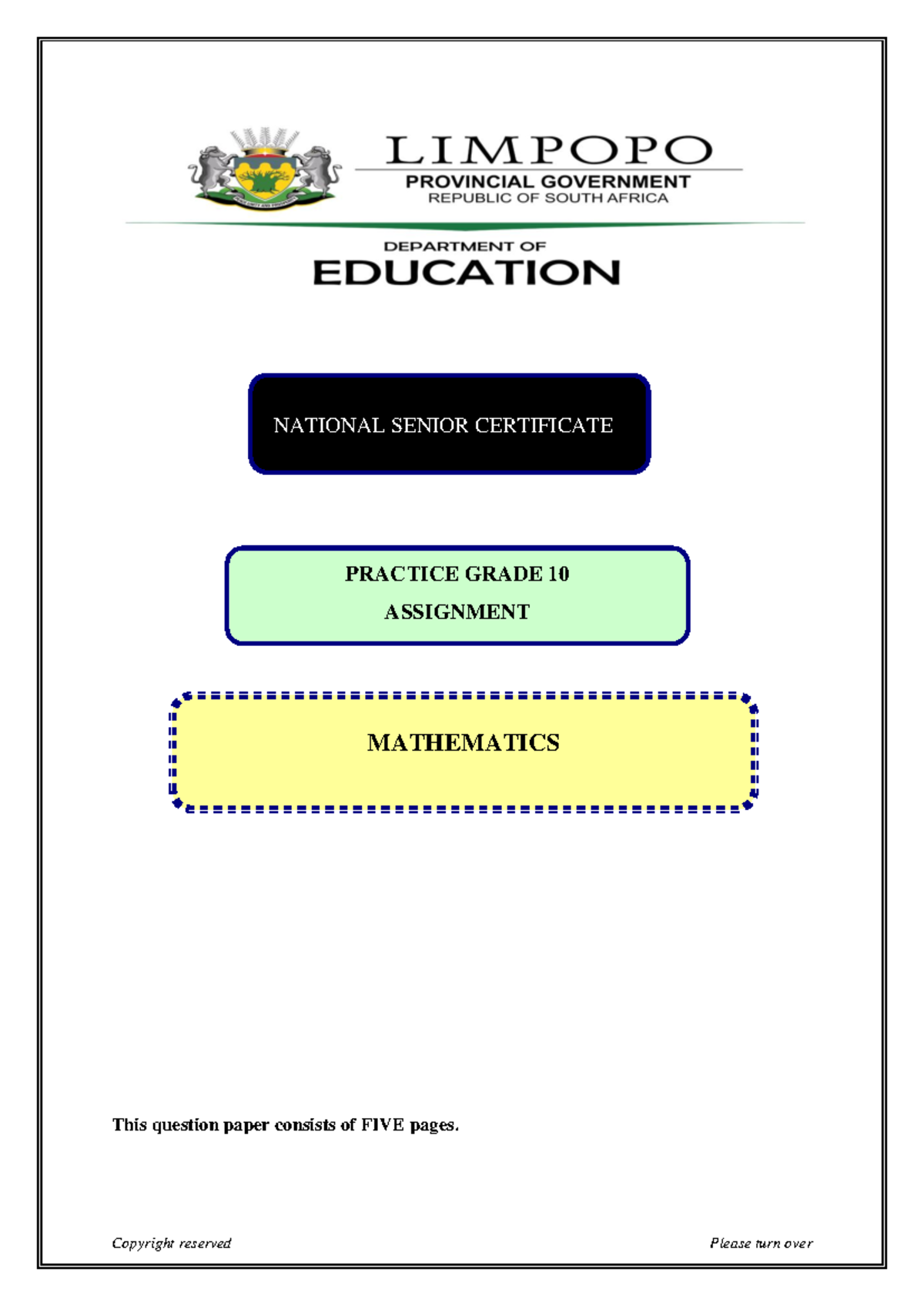 2025 Grade 10 MATH Assignment 1: Limpopo National Senior Cert Practice ...