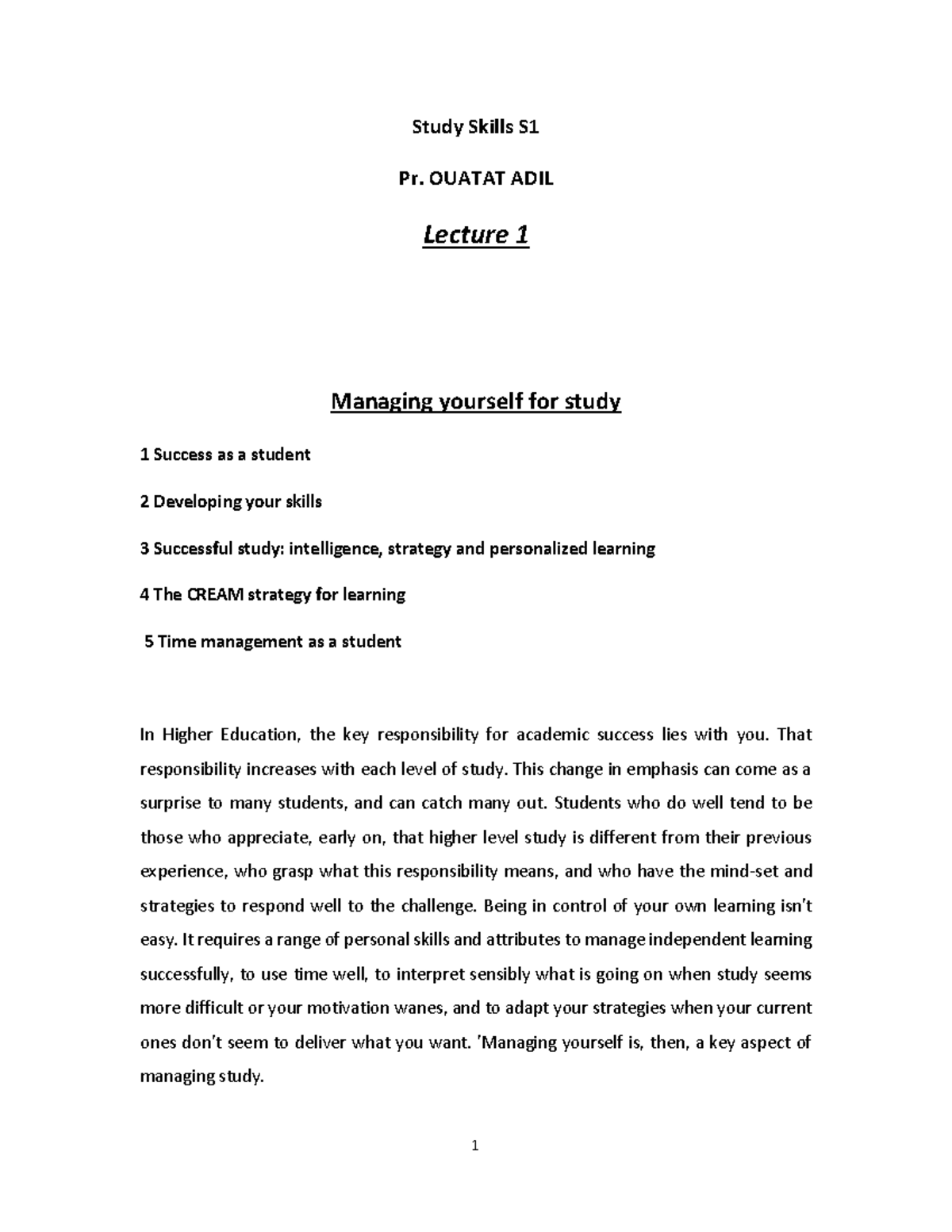 Study Skills: Lecture 1 - Managing Your Studies Effectively - Studocu