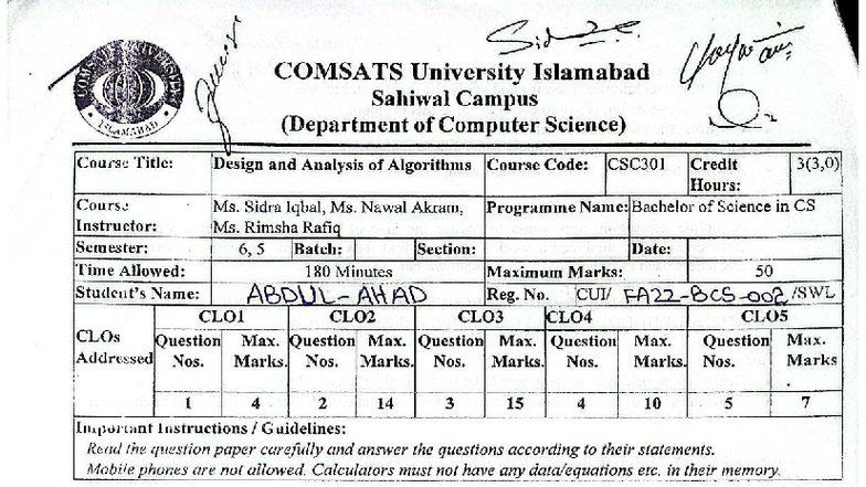 DAA - Terminal Exam - CSC301 - Design & Analysis of Algorithms - Studocu