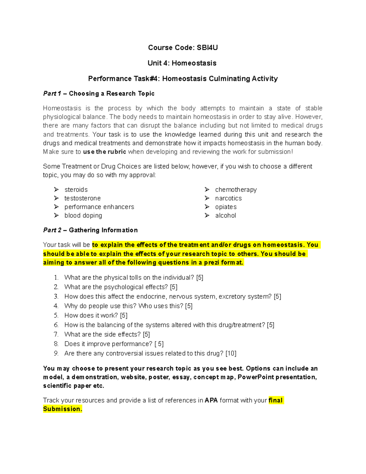 Assessmnet Of Learning, Performance Task#4 - Course Code: SBI4U Unit 4 ...